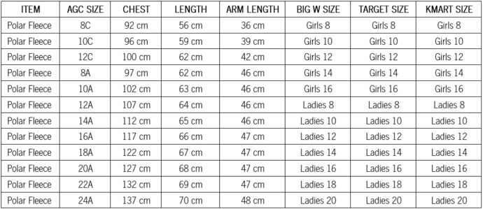 Size Guide - AGC Online Store